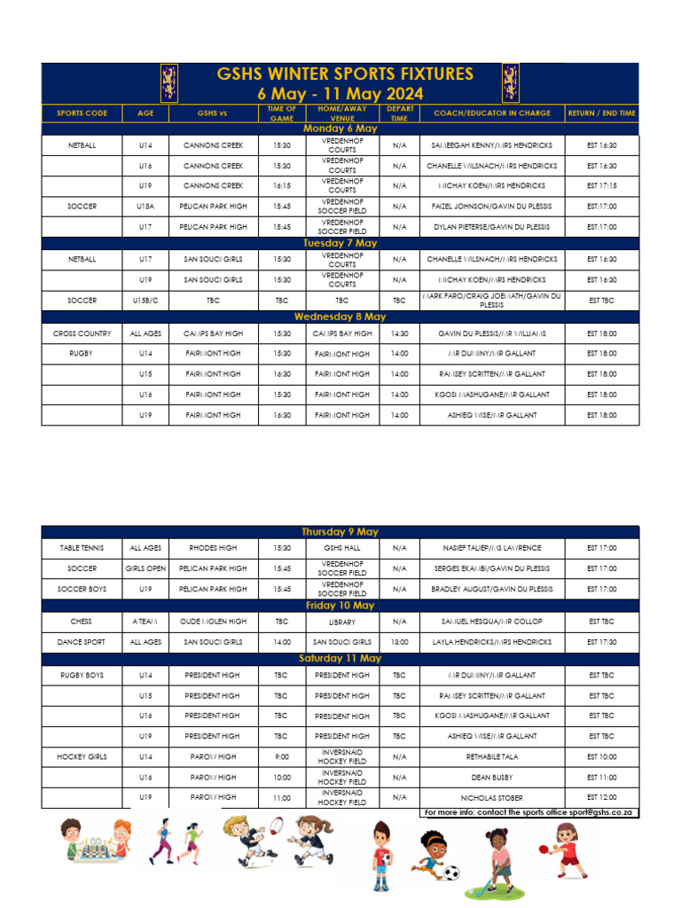 GSHS WINTER SPORTS FIXTURES 6 11 May 2024 | PDF