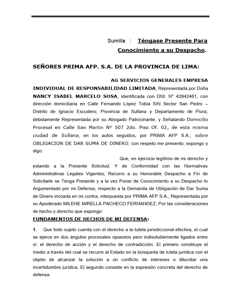 Solicitud PRIMA AFP. S.A. Obligacion de Dar Suma de Dinero - Nancy ...