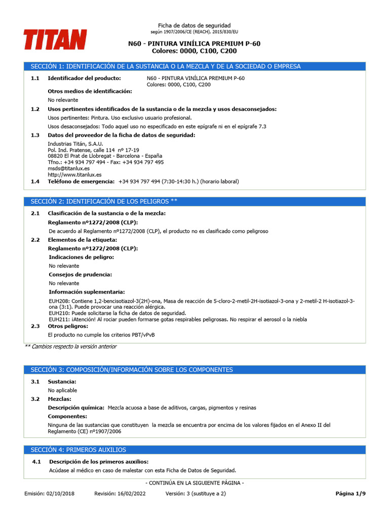 Ficha Seguridad Pintura n60 0000 Fds Es Rev03 | PDF | Compuesto orgánico volátil | Química
