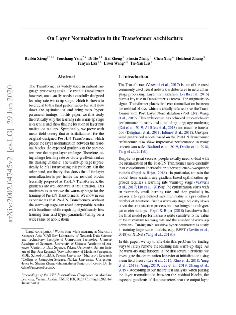 [2020129]on Layer Normalization In The Transformer Architecture Pdf Artificial Neural