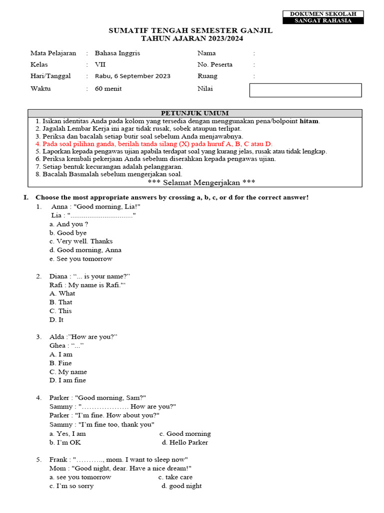 Soal B Inggris Kelas 7 Fix Pdf Social Psychology Human Appearance