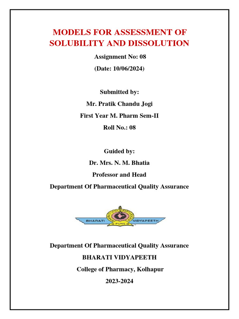 Assignment No.08 MODELS FOR ASSESSMENT OF SOLUBILITY AND DISSOLUTION-1 | PDF | Solubility ...