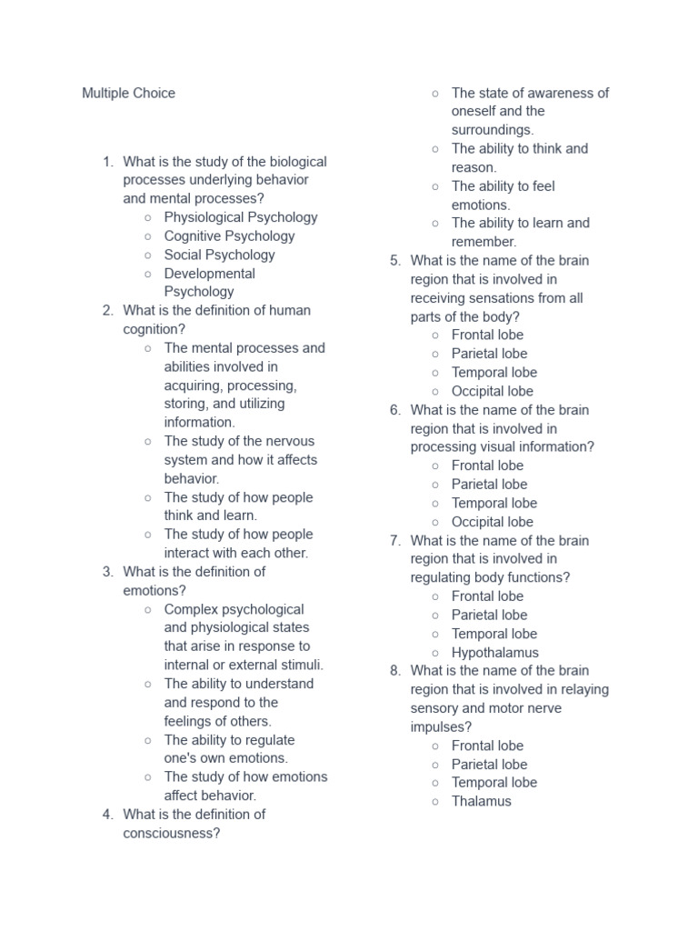 Physiological Psychology Quiz | PDF | Brain | Emotions