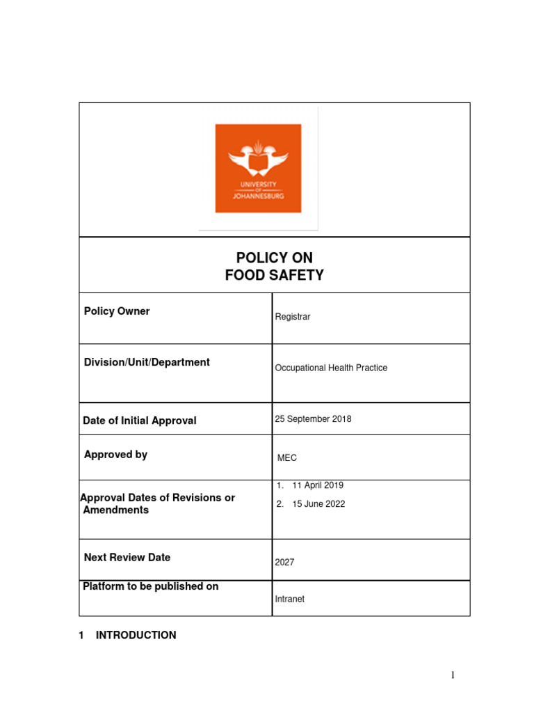 Uj Food Safety Policy Jun 2022 | PDF | Food Safety | Occupational ...