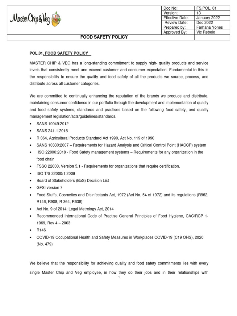 1 Food Safety Policy | PDF | Food Safety | Safety