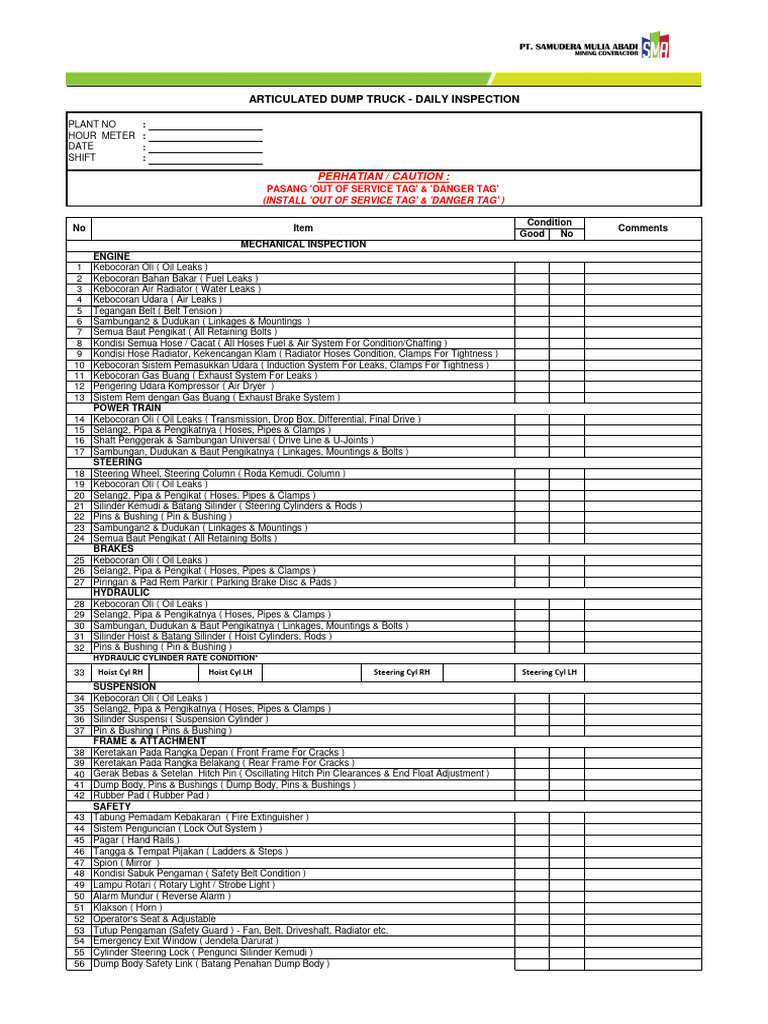 Daily Inspection - Articulated Dump Truck | PDF | Steering | Automotive ...