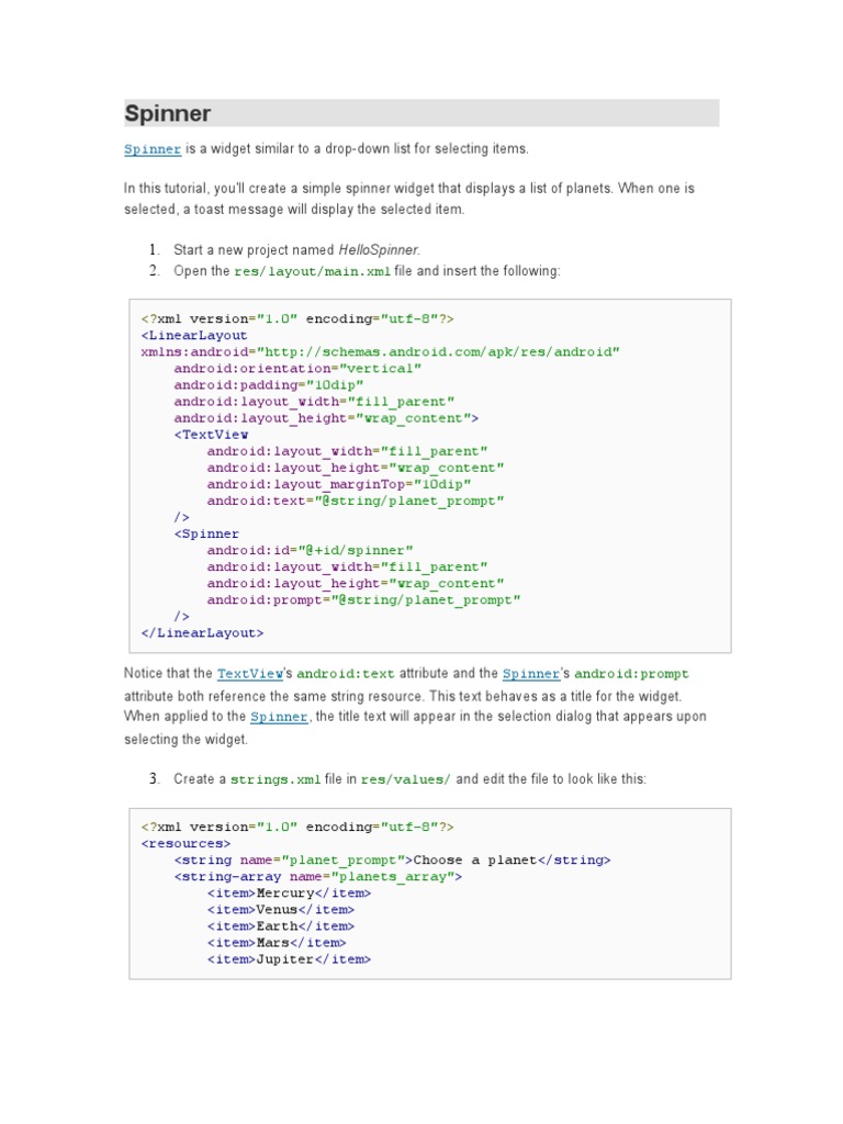 Android - How To - Spinners | Download Free PDF | Xml | String (Computer Science)