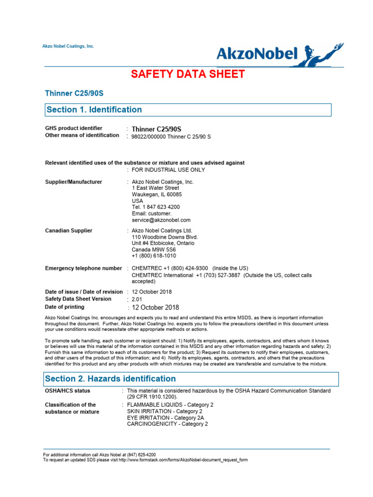 Thinner C25/90S Safety Data Sheet | PDF | Waste | Personal Protective ...