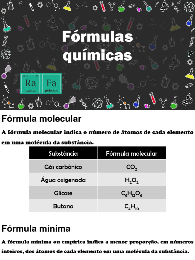 Fórmulas Químicas: Molecular e Mínima | PDF | Moléculas | Mol (unidade)
