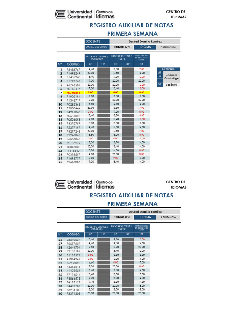 Registros Auxiliares de Notas - 24inl0167n - Registro Primera Semana | PDF