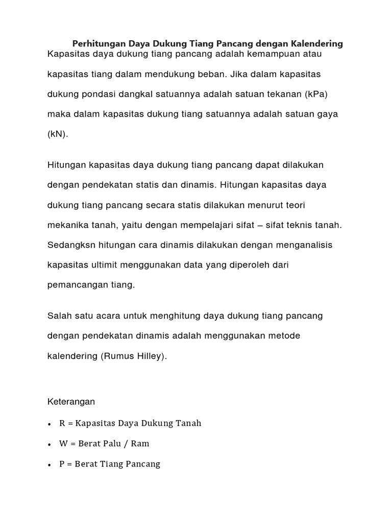 Perhitungan Daya Dukung Tiang Pancang Dengan Kalendering | PDF | Metode ...