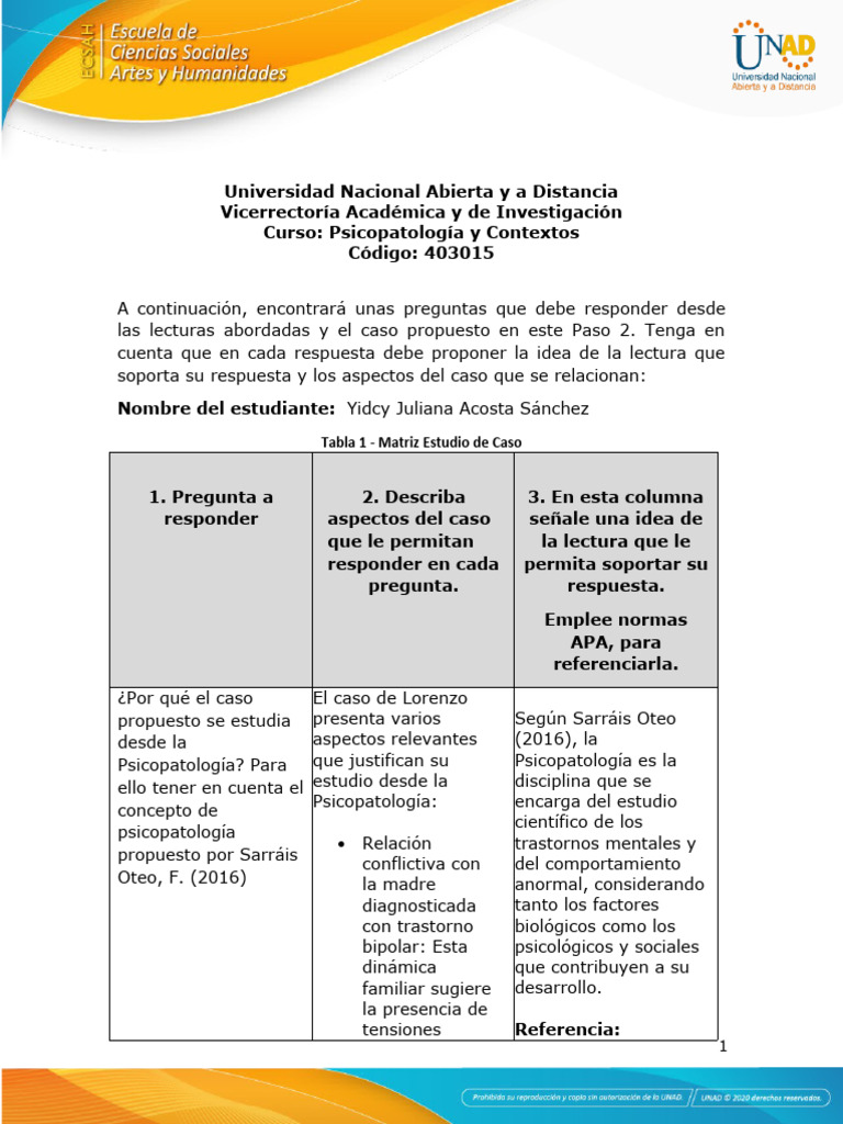 Anexo 1 - Matriz Estudio de Caso - Paso 2 | PDF | Trastorno mental | Psicopatología