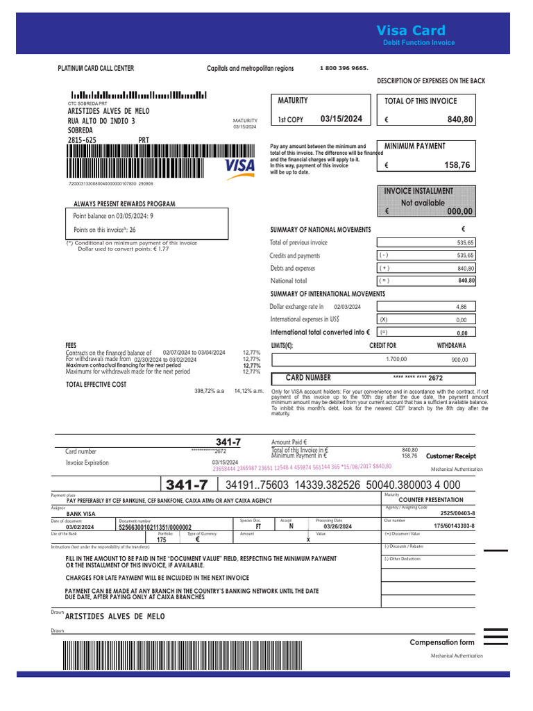Fatura - Cef - Visa Platinum | PDF | Payments | Credit Card