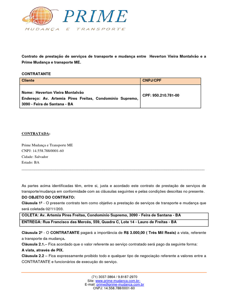 Contrato de Mudança: Heverton e Prime | PDF | Direito Civil (sistema ...
