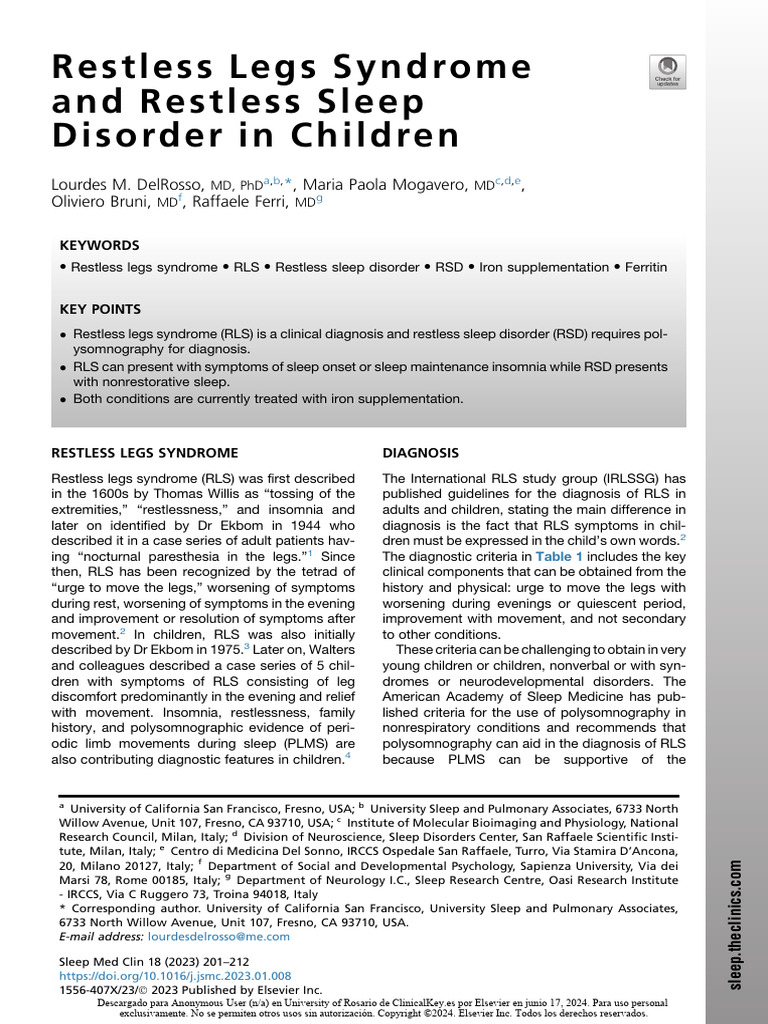 Restless Legs Syndrome and Restless Sleep Disorder in Children | PDF ...