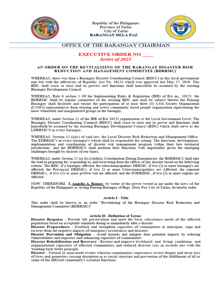 Sample-Eo-Bdrrmc 2023 | PDF | Disaster Risk Reduction | Emergency ...