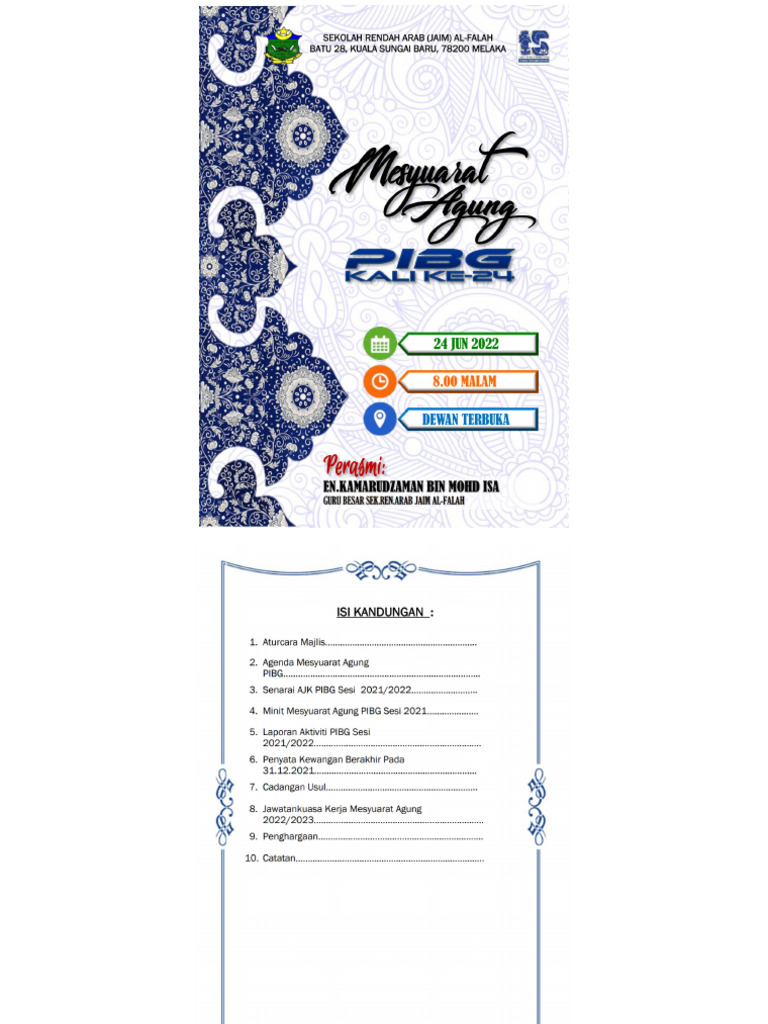 Buku Program Mesyuarat Agung PIBG SRAAF 2022 - 2023 | PDF