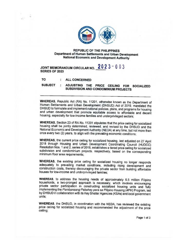 Dhsud Neda Joint Memo No. 2023 003 Adjusting The Price Ceiling For Socialized and Condominium ...