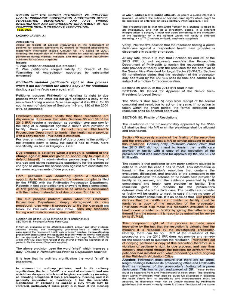(Javier) QUEZON CITY EYE CENTER VS. PHIC (Digested) | PDF | Complaint | Prosecutor