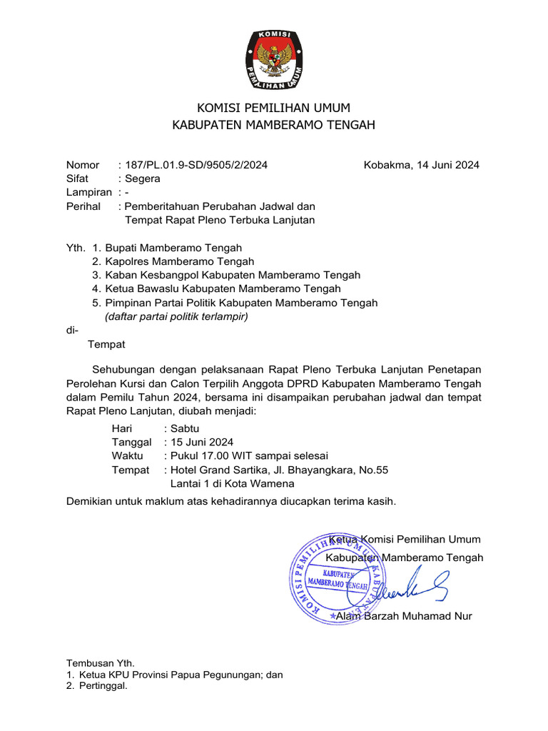 Pemberitahuan Perubahan Jadwal Pleno Penetapan Kursi Dan Calih | PDF