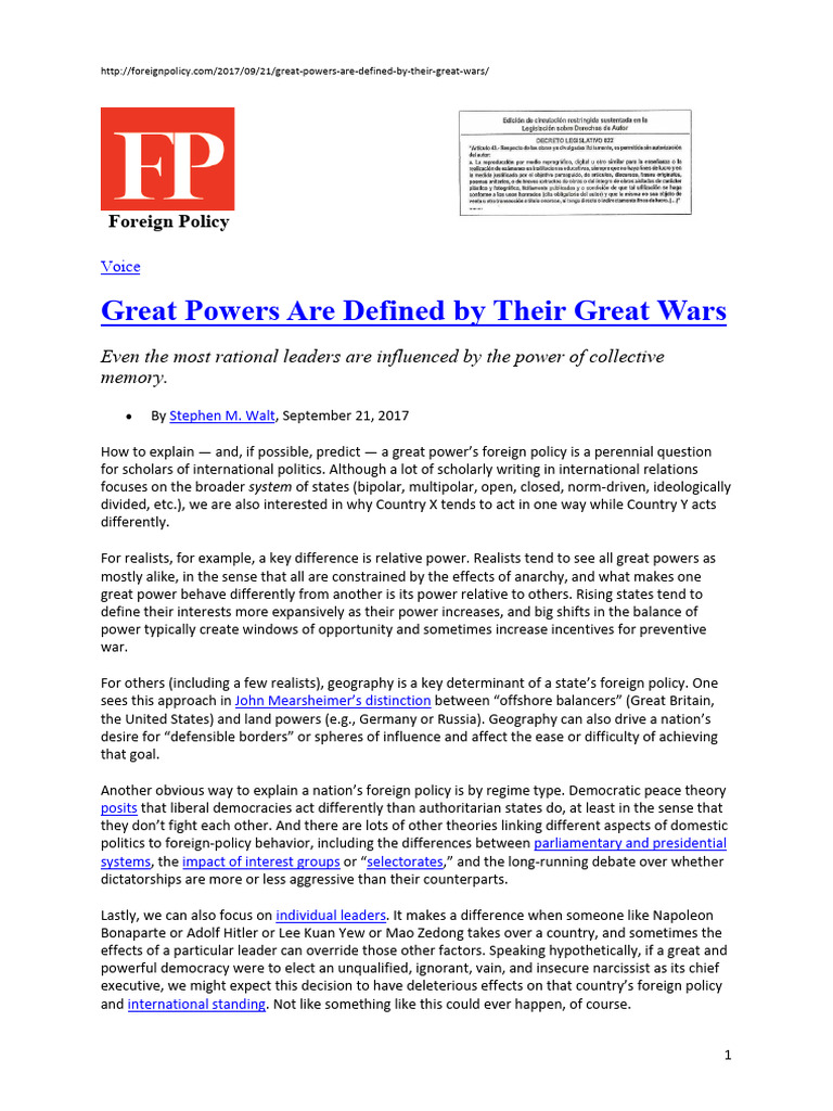 Foreign Policy, Great Powers Are Defined by Their Great Wars | PDF ...