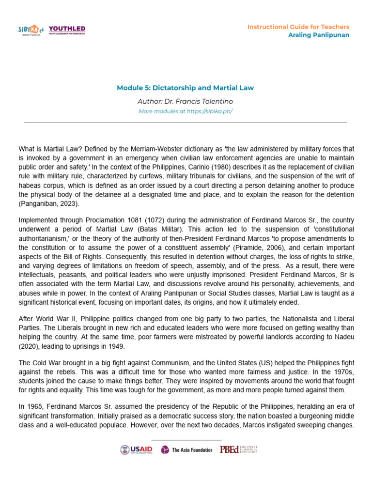 AP Module 5 Dictatorship and Martial Law - Docx 1 | PDF | Corazon Aquino | Government