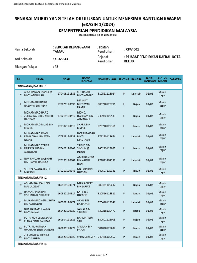 Cetak Senarai Pelajar Berjaya Ekasih - CFM | PDF