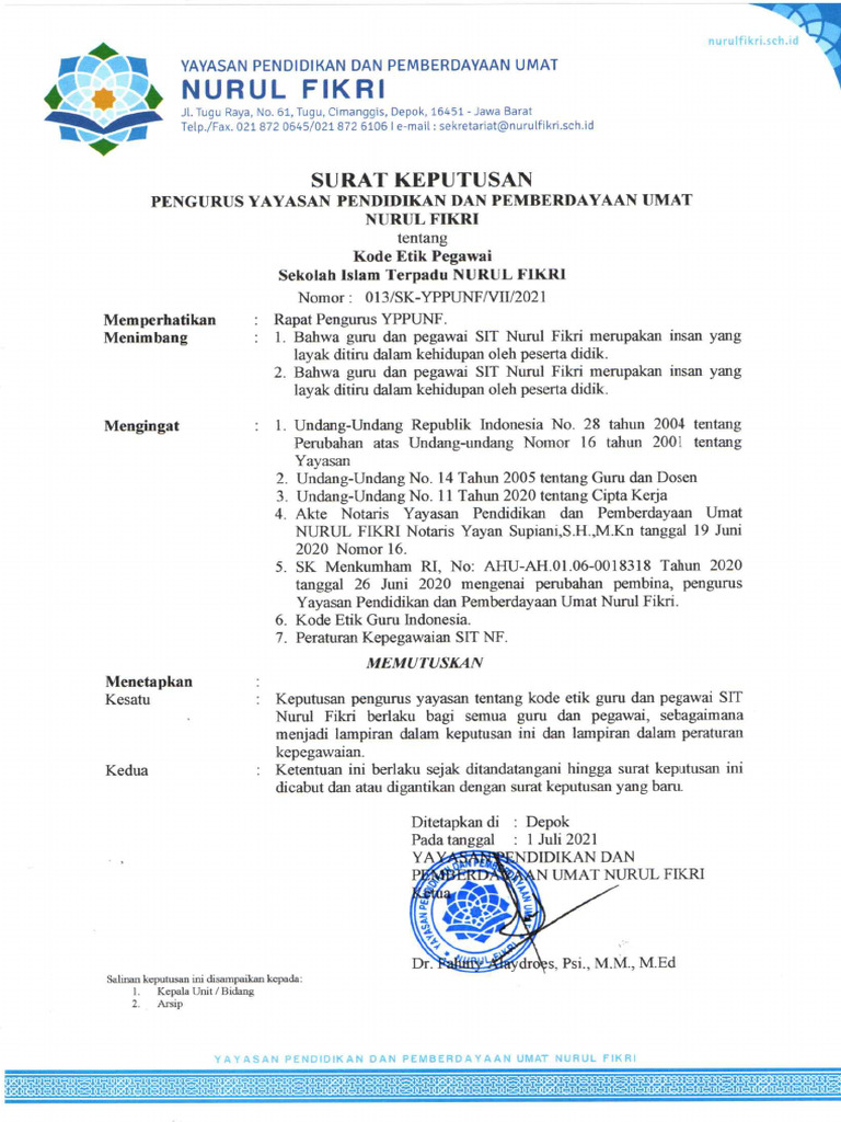 SK Kode Etik Pegawai SIT NF | PDF