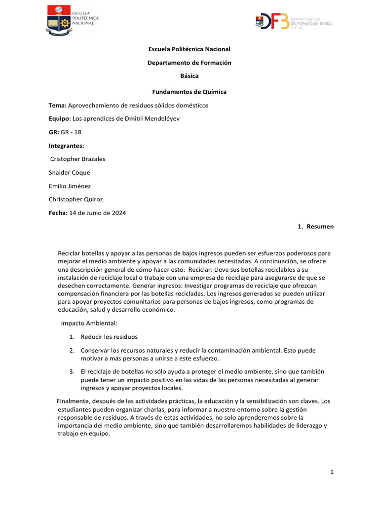 Proyecto B1 2022B - F - Química-234 | PDF | Reciclaje | Residuos