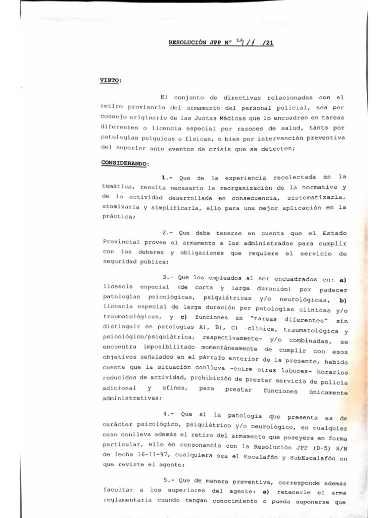 Resol. Sobre Retiro Arma Reglamentaria JPP Nº911 | PDF