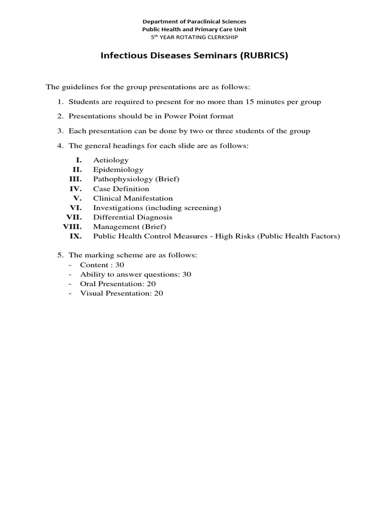 Infectious Diseases Seminars Rubrics | PDF
