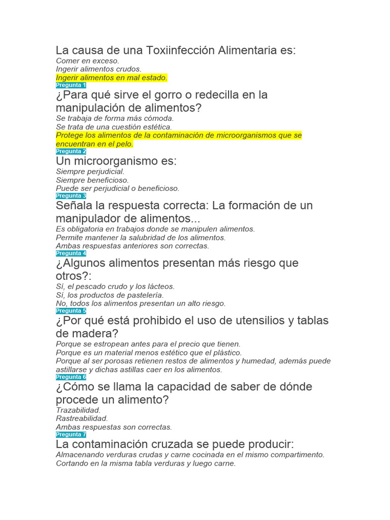 Examen de Manipulador de Alimentos | PDF | Alimentos | Carne