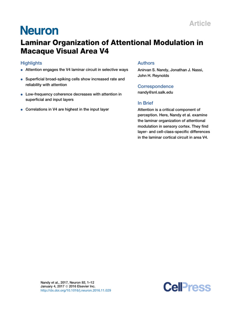 Laminar Organization of Attentional Modulation in Macaque Visual Area V4 | Download Free PDF ...