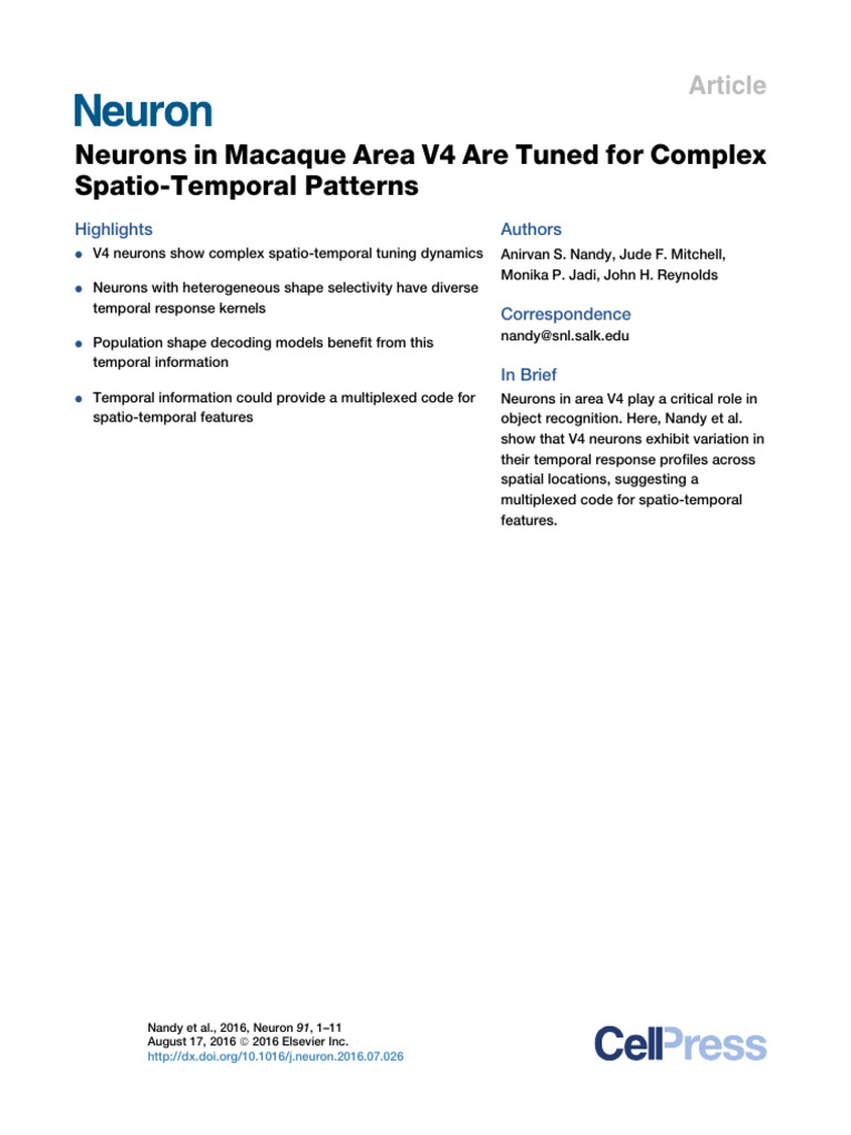 Neurons In Macaque Area V4 Are Tuned For Complex Spatio Temporal Patterns Pdf Visual Cortex