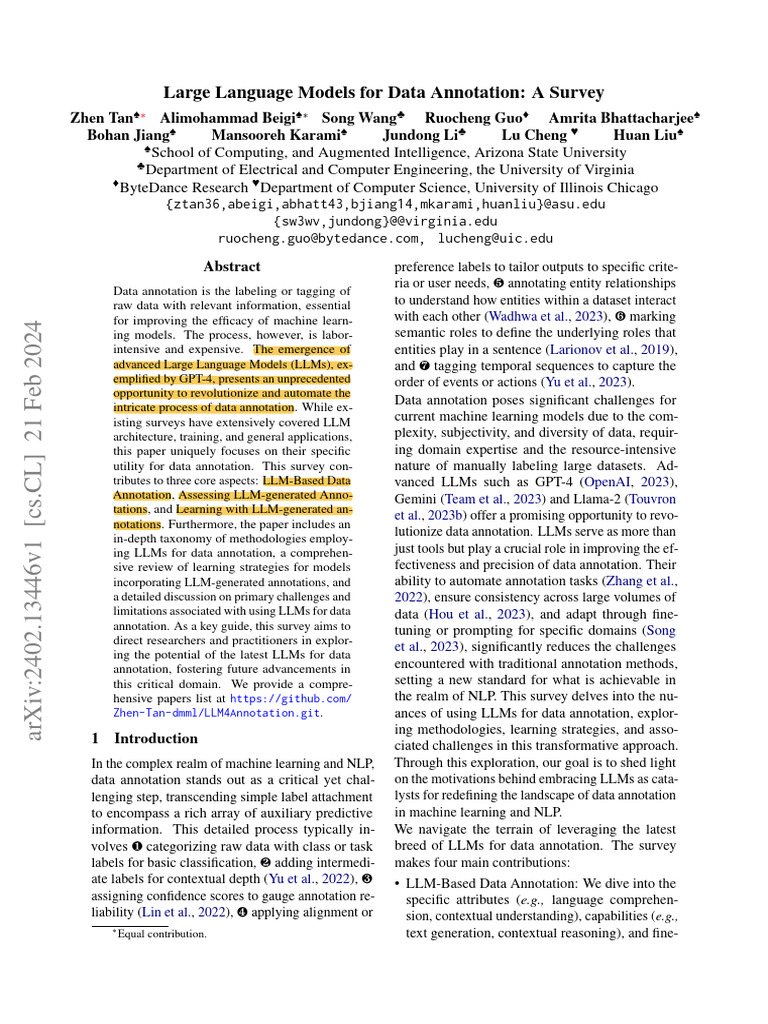 Large Language Models For Data Annotation - A Survey | PDF | Annotation | Learning