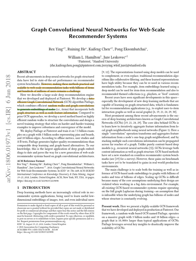 Graph Convolutional Neural Networks For Web-Scale Recommender Systems | PDF | Deep Learning ...