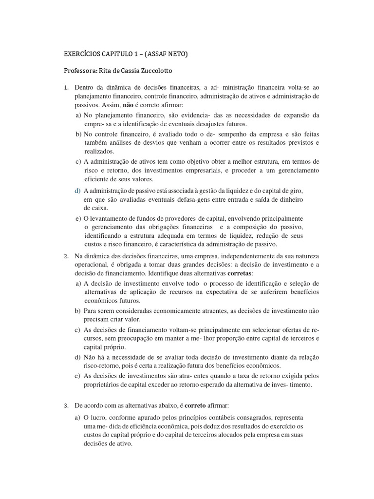 Exercícios Capitulo 1 | PDF | Contabilidade | Investimentos