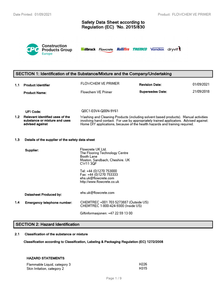 Flowchem Ve Primer Euclpsds GB 01092021 | PDF | Toxicity | Workplace