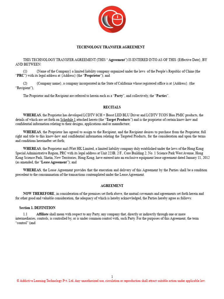 Template - Technology Transfer Agreement | PDF | Arbitration | Indemnity
