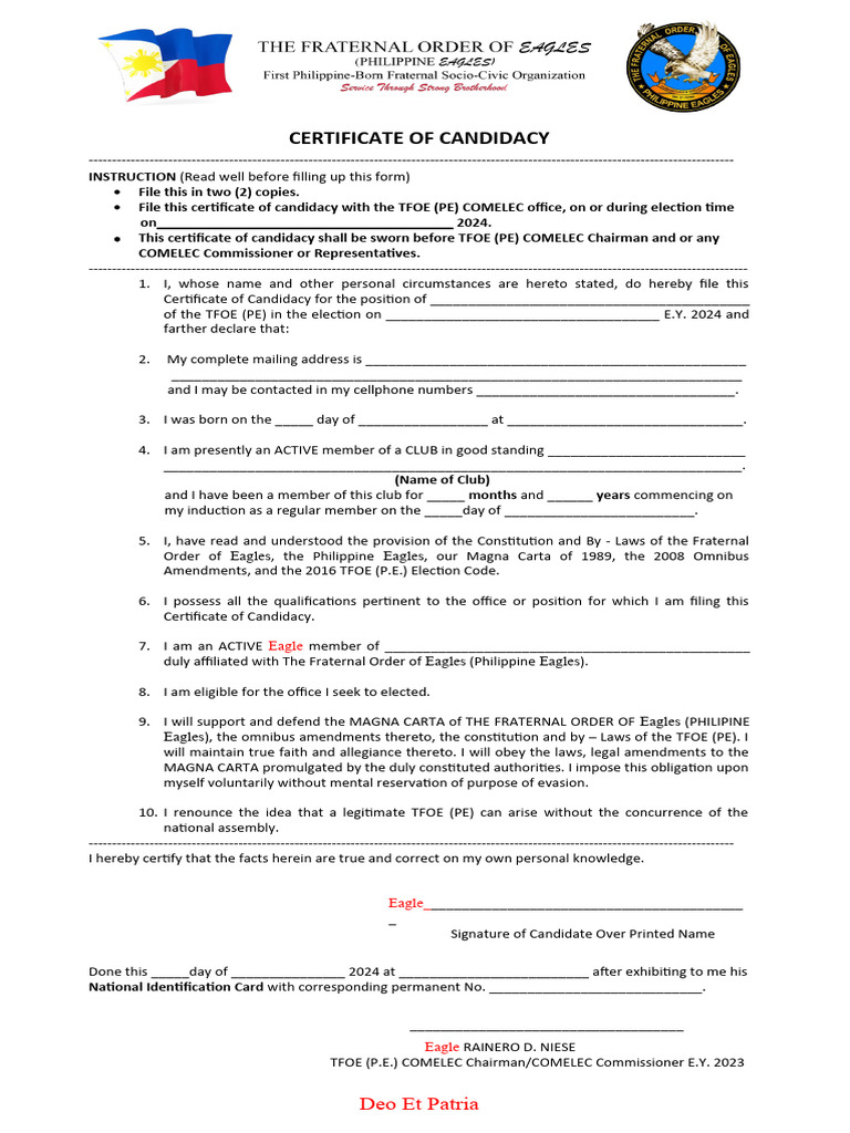 Certificate of Candidacy TFOEPE 2023 | PDF | Commission On Elections ...