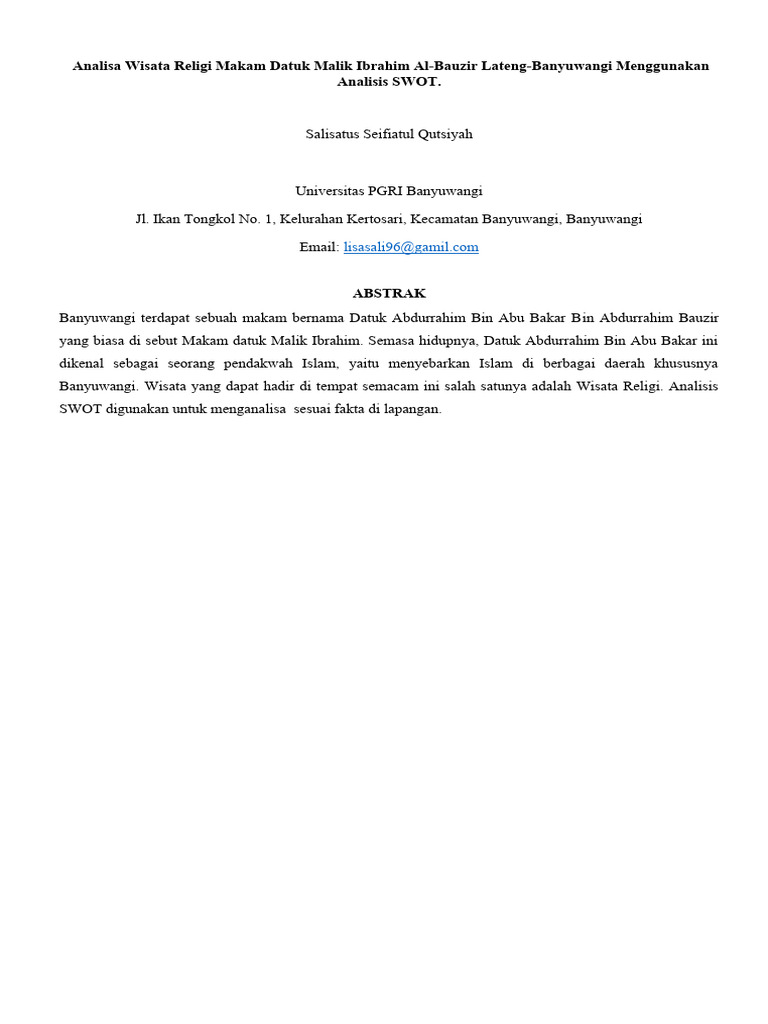 Analisis SWOT Wisata Religi Makam Malik Ibrahim | PDF