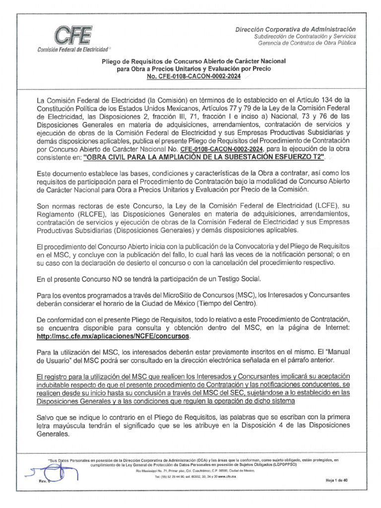 Pliego de Requisitos CFE-0108-CACON-0002-2024 | PDF