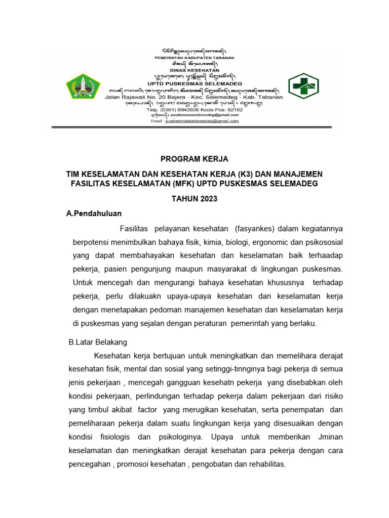 Program Kerja K3 MFK Pus. Selemadeg 2023 | PDF