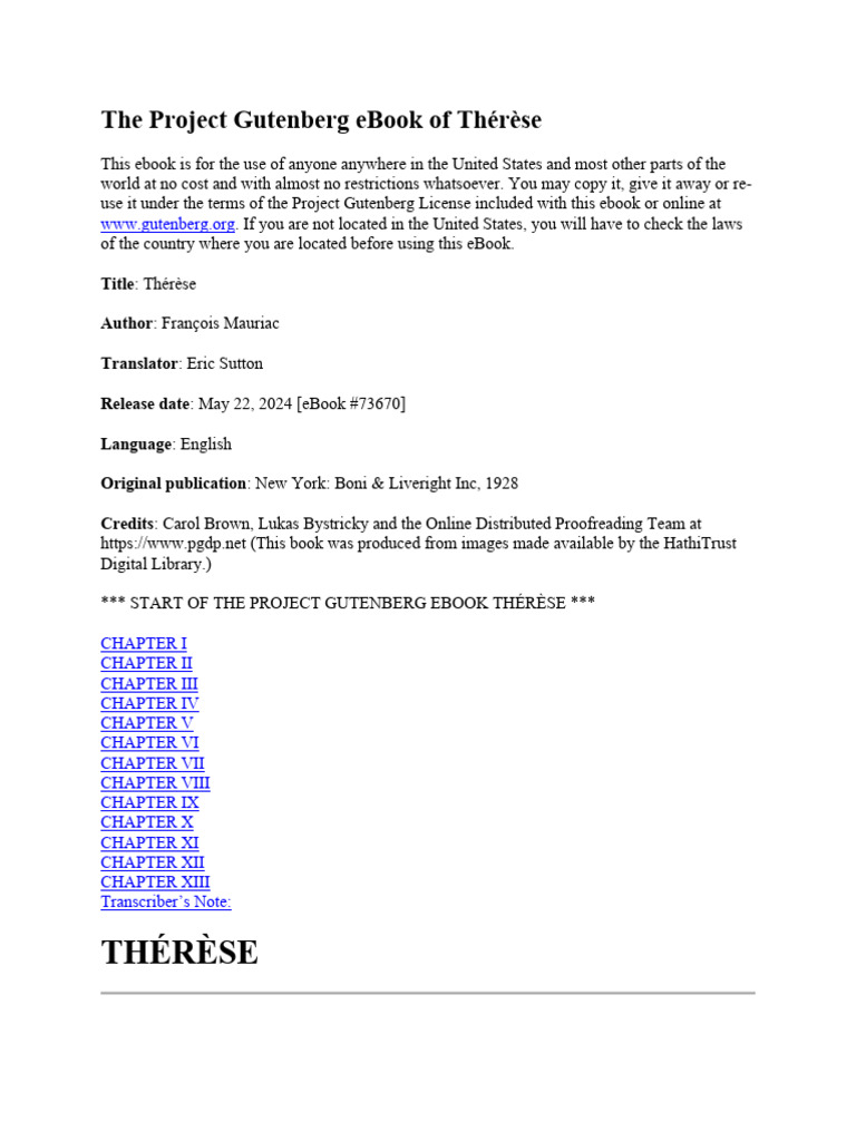 Thérèse | PDF | Project Gutenberg | Suffering