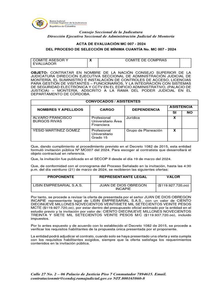 Acta de Evaluación MC 007 Control de Acceso | PDF | Circuito cerrado de televisión | Juez