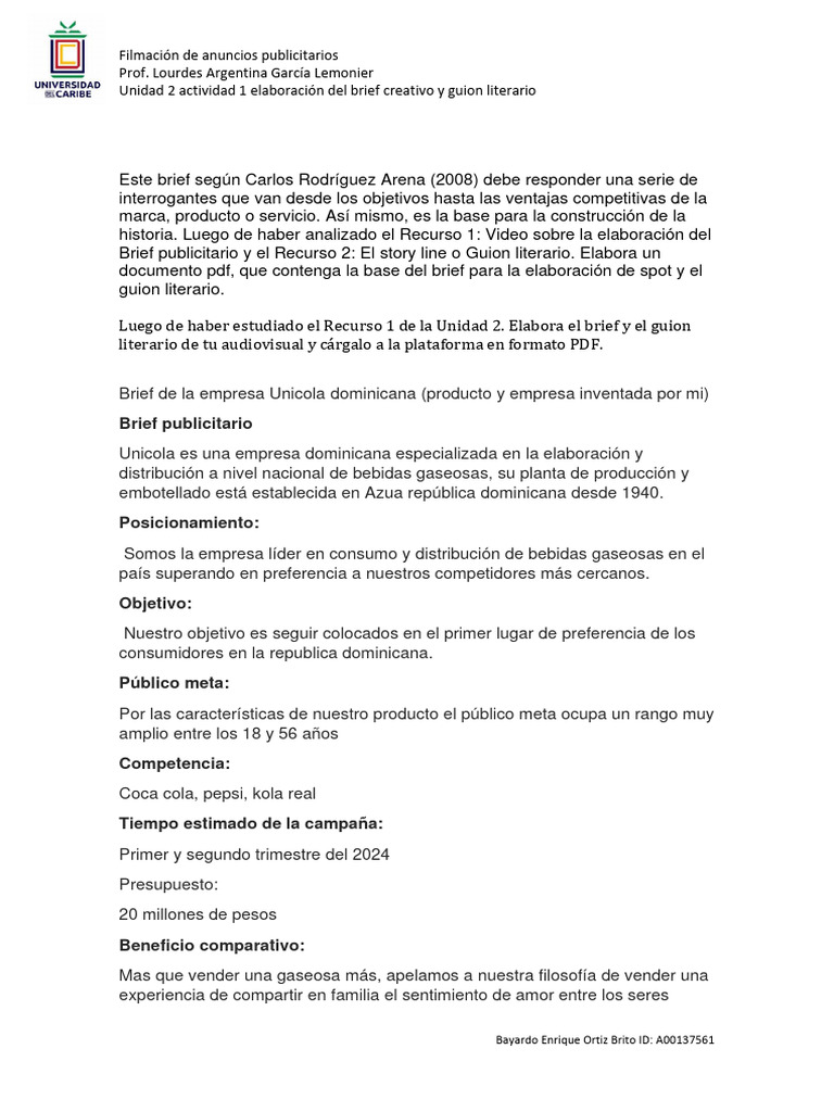 Brief y Guion para Anuncio Unicola | PDF | Refresco | Publicidad