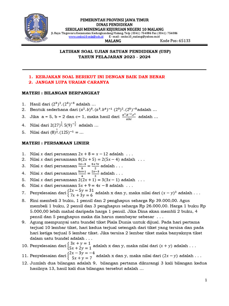 Latihan Soal Usp Matematika 2023-2024 | PDF