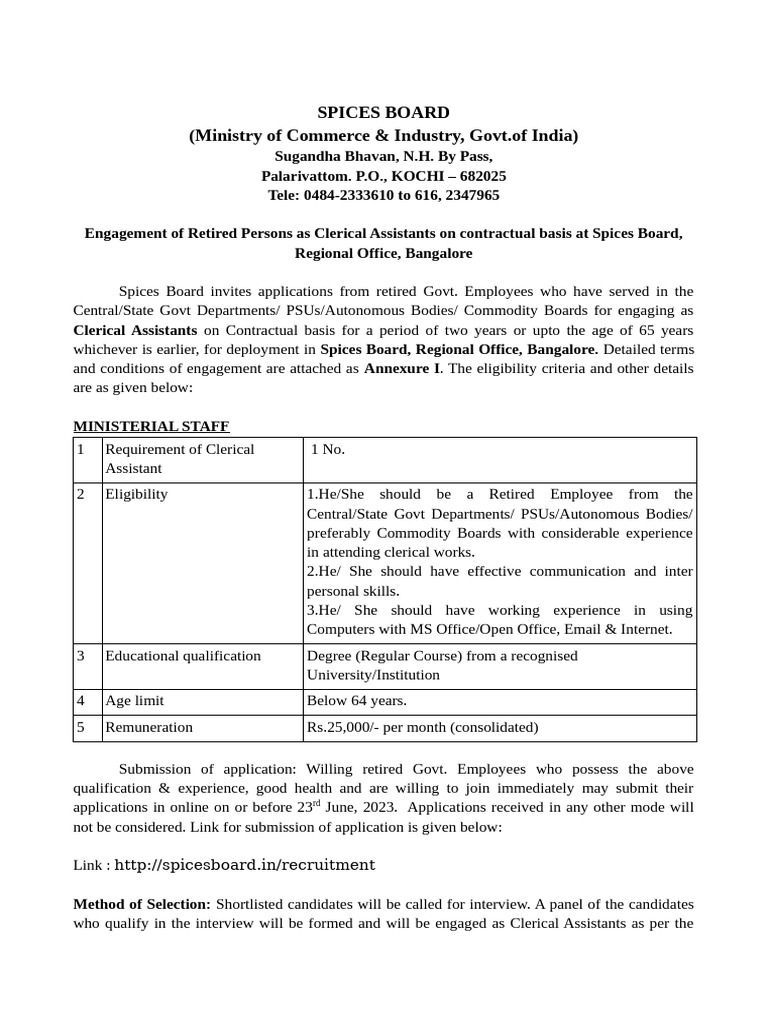 01 Clerical Assistant Post Advt Details Spices Board | PDF