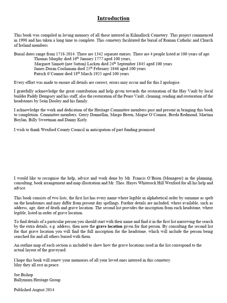 Kilmallock Cemetery Names & Inscriptions | PDF | Cemetery | Traditions