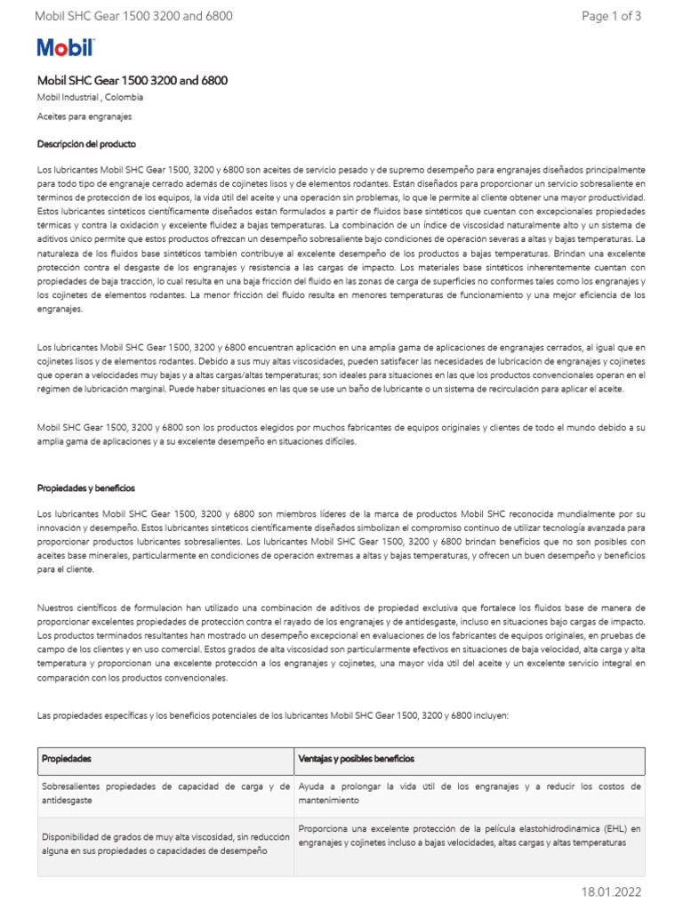 PDS Mobil-SHC Gear 1500-3200 and 6800 | PDF | Lubricante | Rodamiento ...